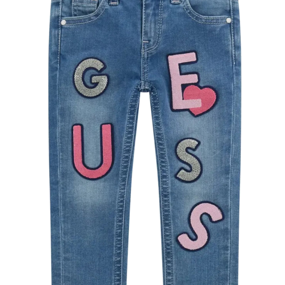Jeans Guess Skinny blu da bambina logo Guess ricamato con paillettes K ...